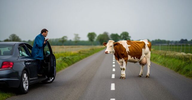 Une vache échappée dʼun abattoir sème la panique sur une route ...